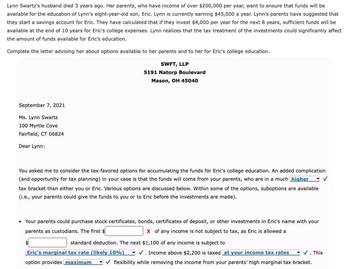 Solved Lynn Swartz's husband died 3 years ago. Her parents, | Chegg.com