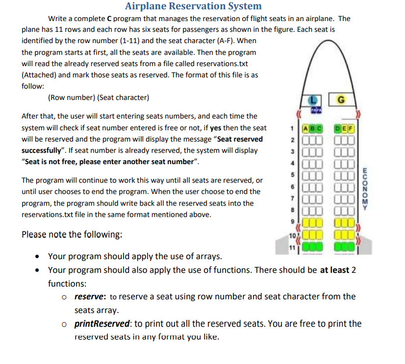 Solved Airplane Reservation System Write a complete C | Chegg.com