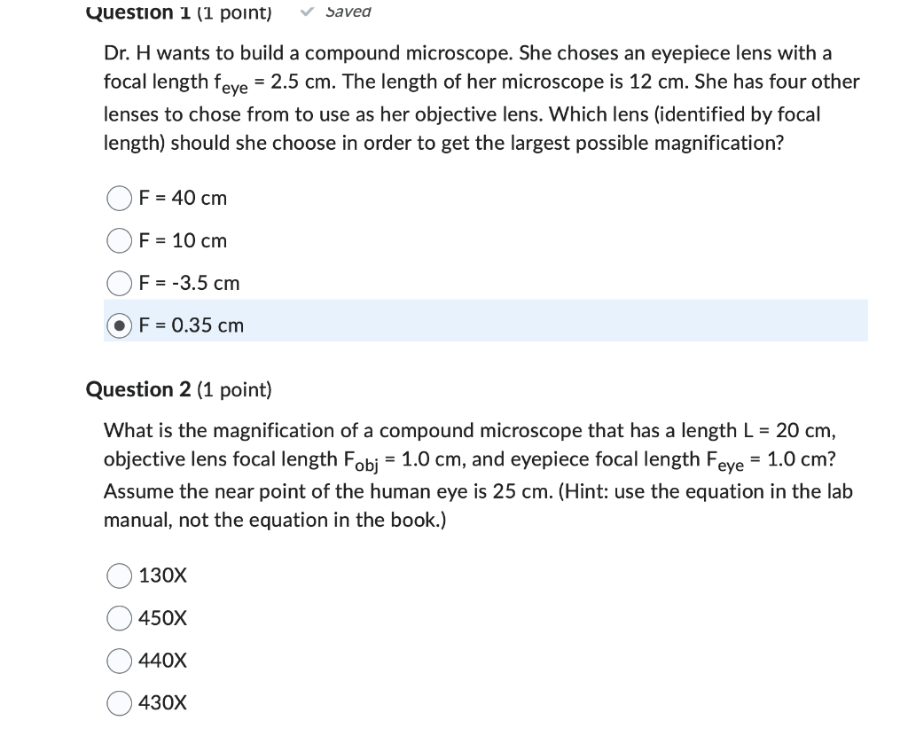 Solved Dr. H wants to build a compound microscope. She | Chegg.com