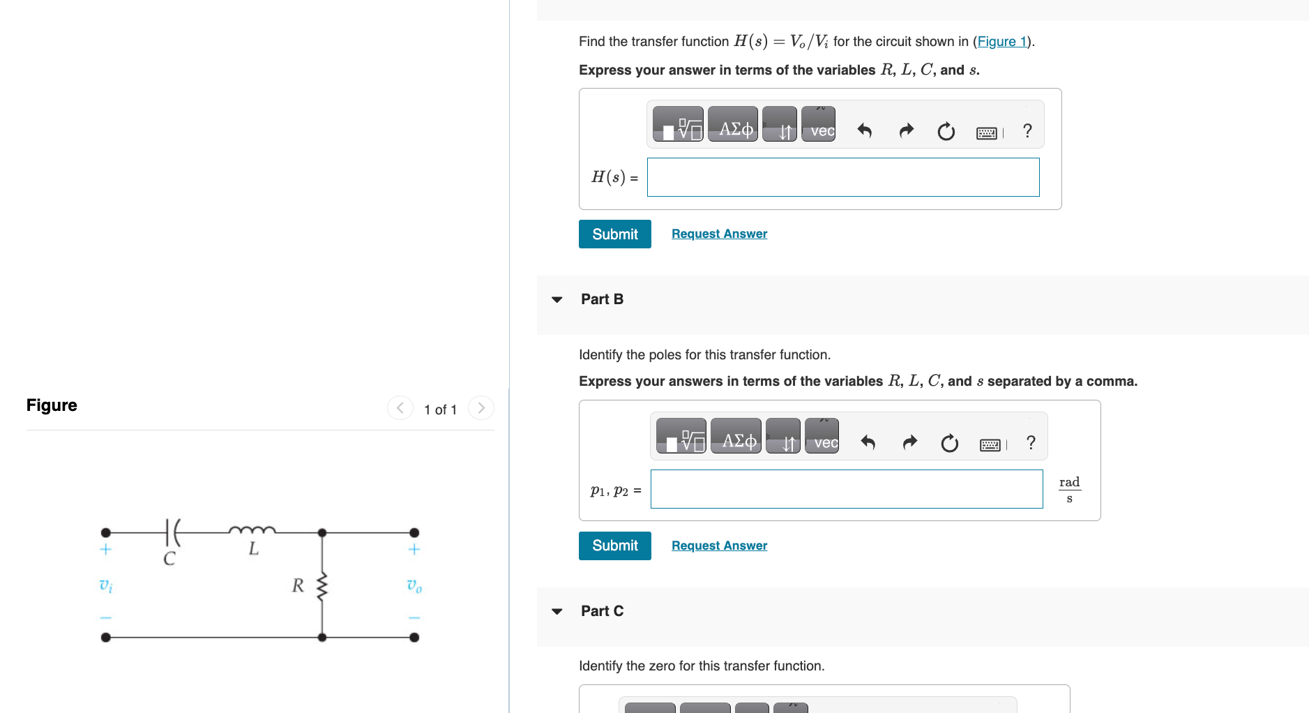 Solved Find the transfer function H(s)=Vo/Vi for the circuit | Chegg.com