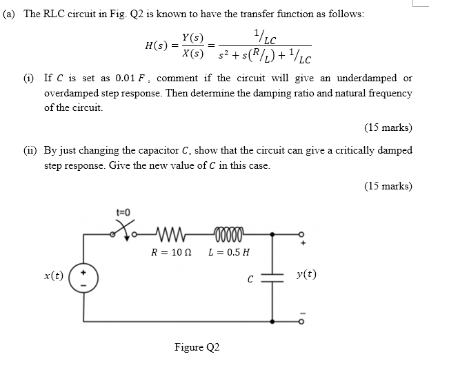Solved a) The RLC circuit in Fig. Q2 is known to have the | Chegg.com