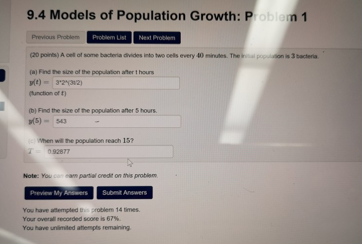 Solved 9.4 Models of Population Growth: Problem1 Previous | Chegg.com