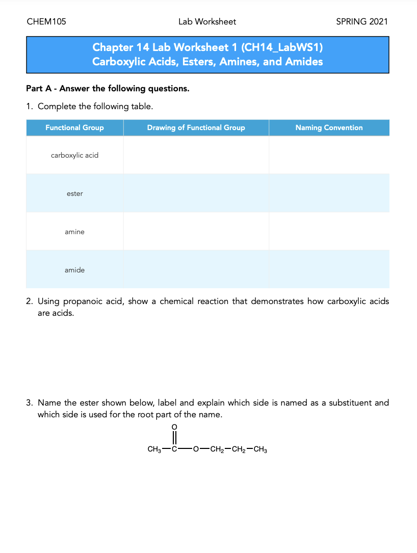 Solved CHEM 105 Lab Worksheet SPRING 2021 Chapter 14 Lab | Chegg.com