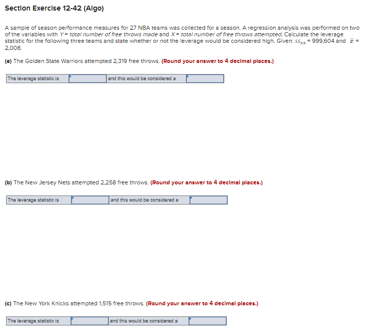 Solved Section Exercise 12-42 (Algo) A sample of season | Chegg.com