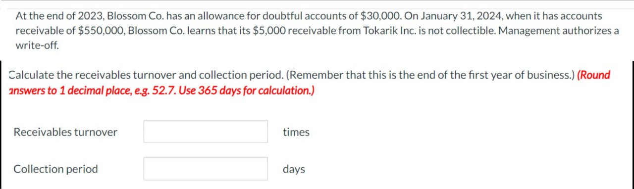 Solved At the end of 2023 , Blossom Co. has an allowance for | Chegg.com