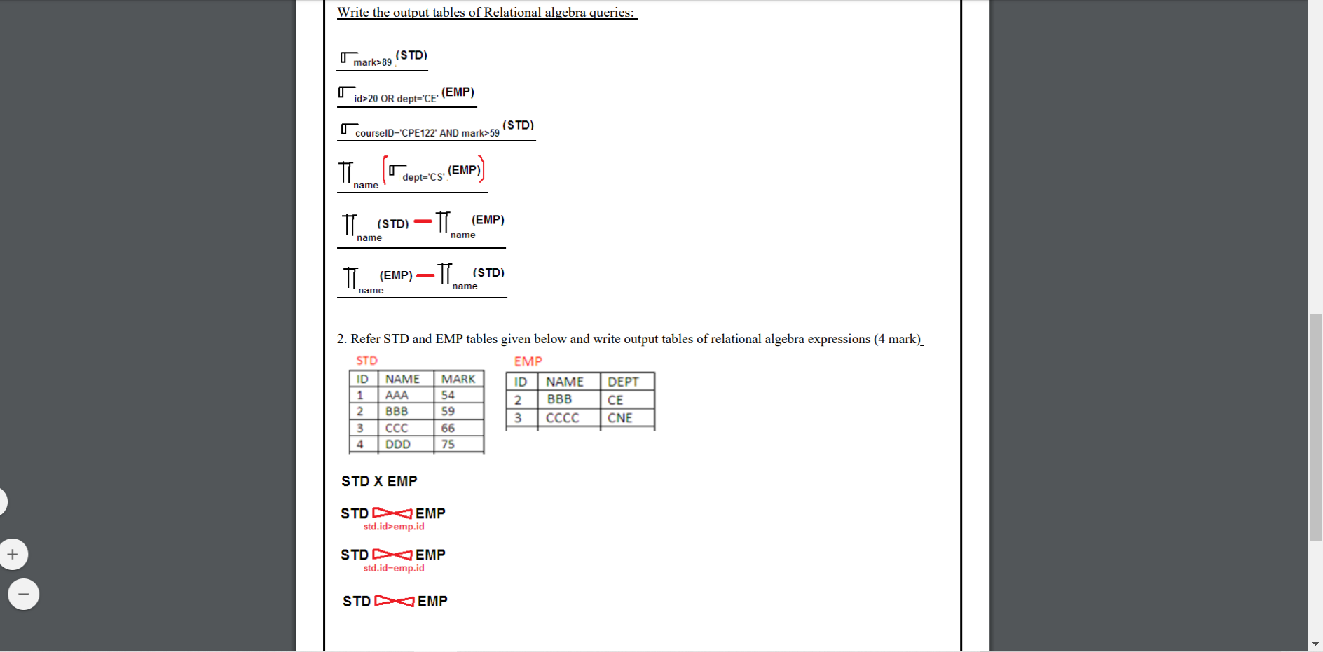 Solved Write the output tables of Relational algebra | Chegg.com