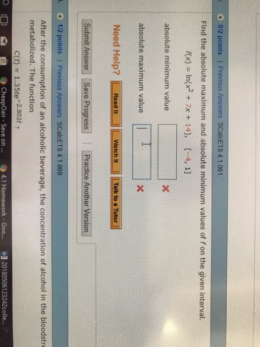 Solved . 0/2 points I Previous Answers SCalcET8 4.1.061 Find | Chegg.com