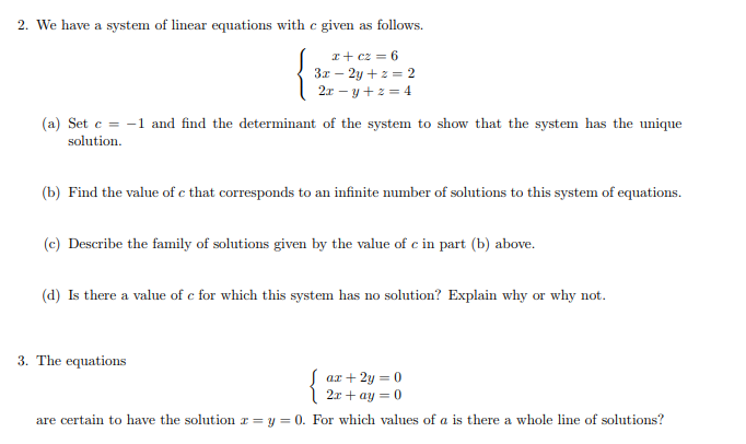 Solved 2. We have a system of linear equations with c given | Chegg.com
