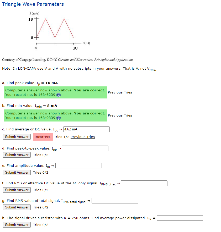 Solved Triangle Wave Parameters i (mA) 16 M 8 1 (H) T 0 38 | Chegg.com