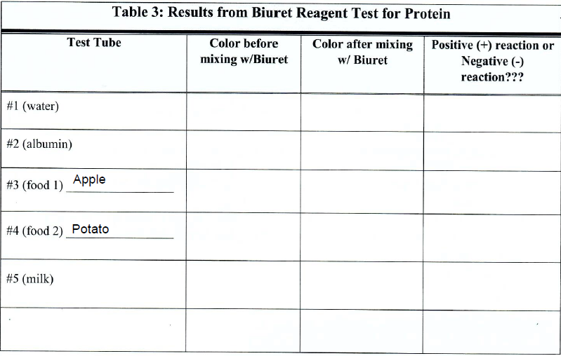 Solved Table 3: Results from Biuret Reagent Test for Protein | Chegg.com
