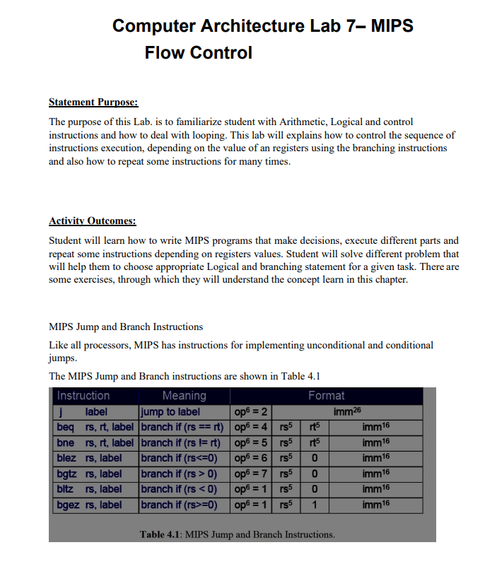 Solved Computer Architecture Lab 7- MIPS Flow Control | Chegg.com