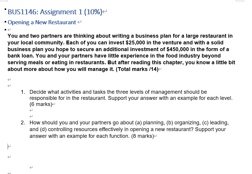 Solved 'BUS1146: Assignment 1 (10%) Opening a New Restaurant | Chegg.com