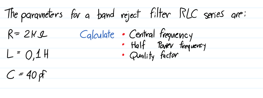 Solved . The parameters for a band reject Filter RLC series | Chegg.com