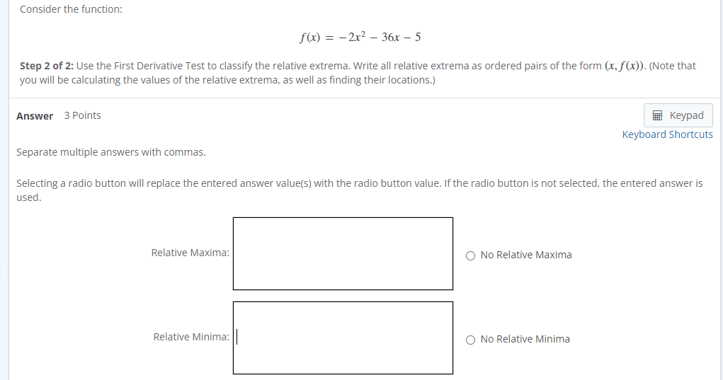 Solved Consider the function: f(x)=−2x2−36x−5 Step 1 of 2: | Chegg.com