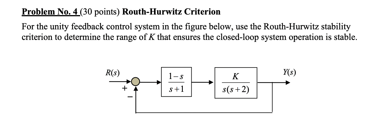 Solved Problem No. 4 (30 points) Routh-Hurwitz Criterion For | Chegg.com
