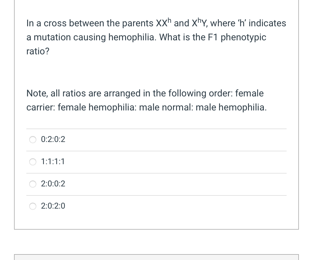 Solved In a cross between the parents XXh and XhY, where ' h | Chegg.com