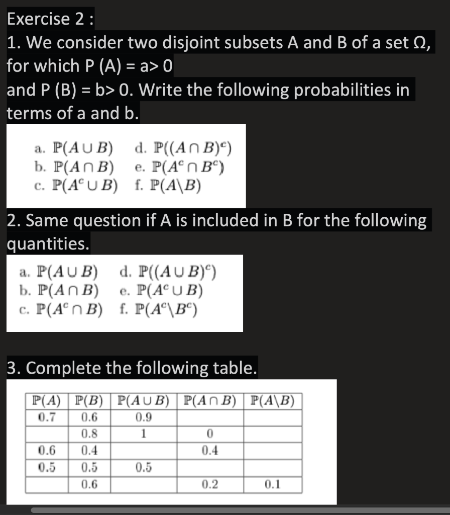 Solved Exercise 2: 1. We consider two disjoint subsets A and | Chegg.com