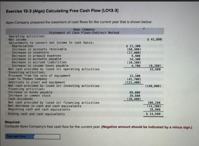 Solved Exercise 13-3 (Algo) Calculating Free Cash Flow | Chegg.com