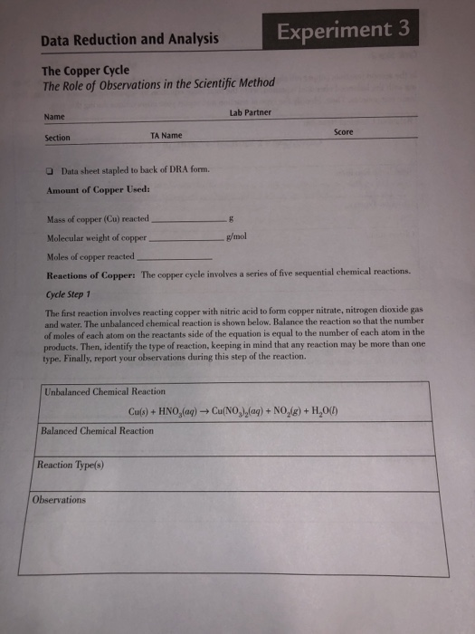 Solved Data Reduction and Analysis Experiment 3 The Copper | Chegg.com