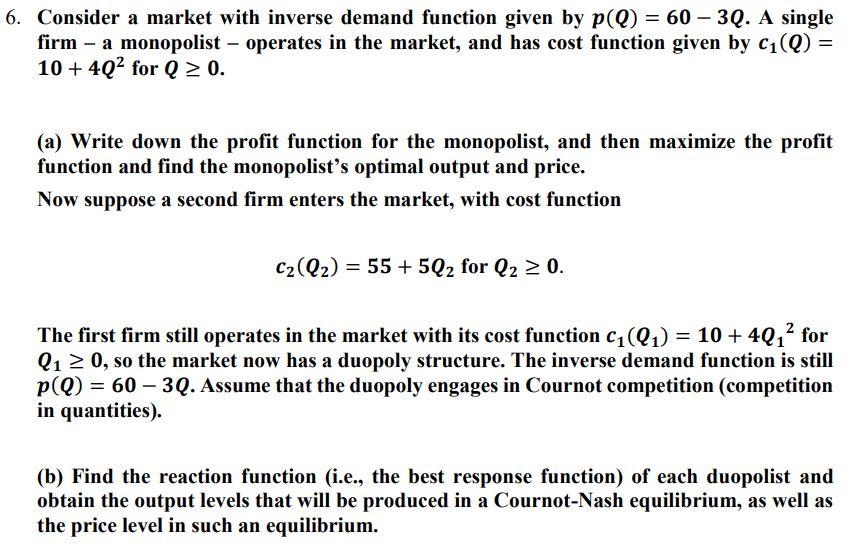 Solved Consider a market with inverse demand function given | Chegg.com