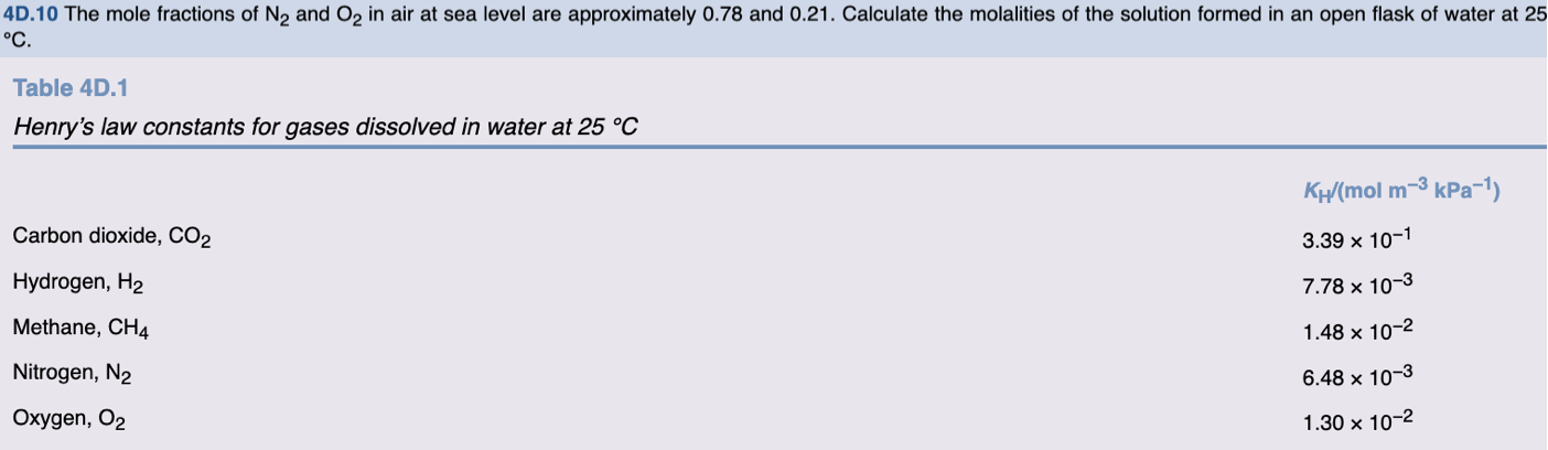 Solved 4D.10 The mole fractions of N2 and O2 in air at sea | Chegg.com