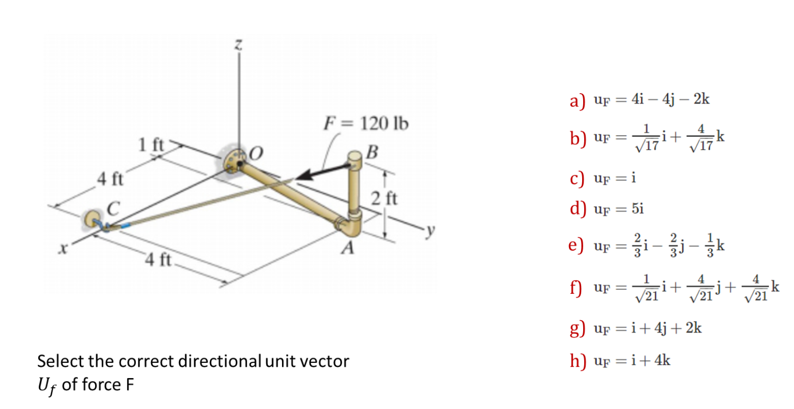 Solved a) uf = 4i – 4j – 2k F = 120 lb B 1 ft b) uf = it o 4 | Chegg.com