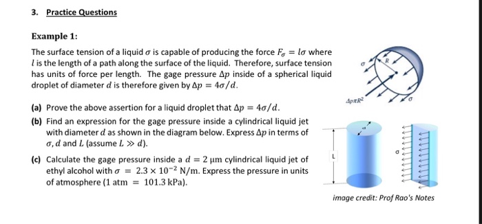 Solved 3. Practice Questions Example 1: The surface tension | Chegg.com
