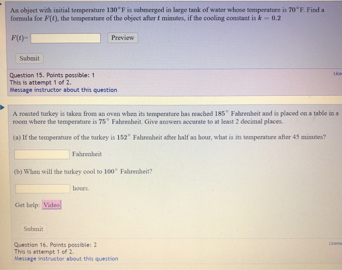 Solved An object with initial temperature 130°F is submerged | Chegg.com