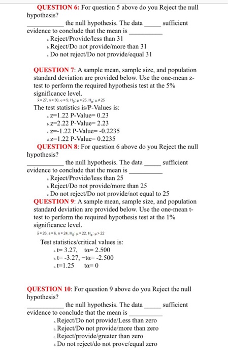 Solved For question 5 above do you Reject the null | Chegg.com