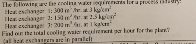 Solved The following are the cooling water requirements for | Chegg.com