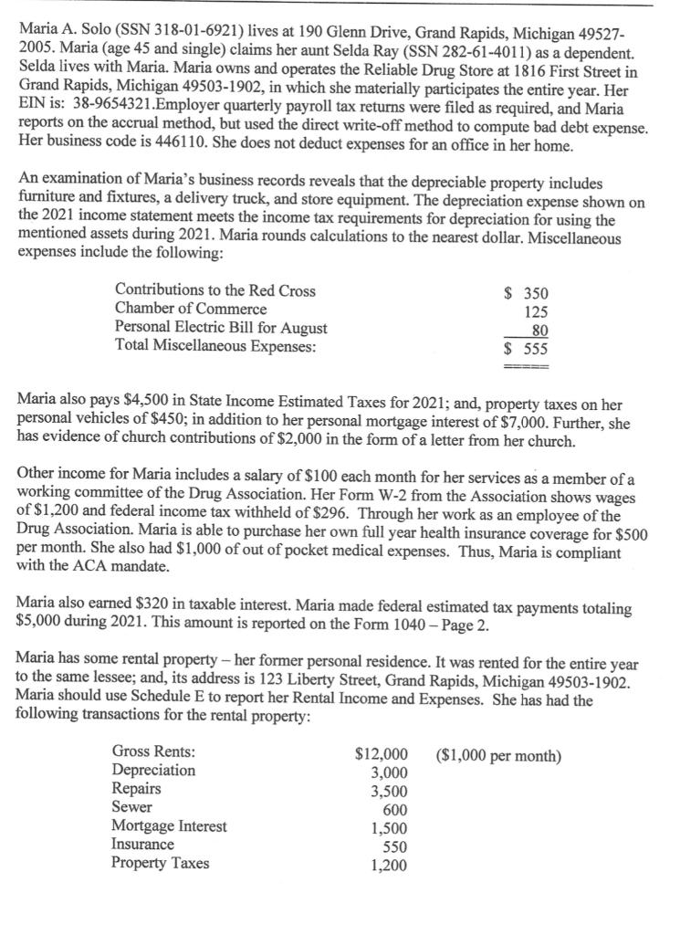 Solved Maria A. Solo (SSN 318-01-6921) lives at 190 Glenn | Chegg.com