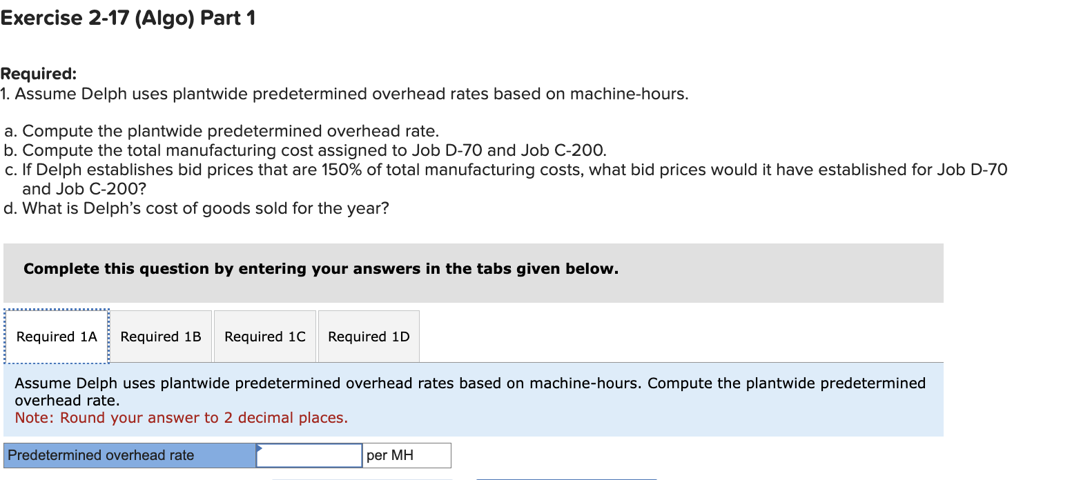 Solved Exercise 2-17 (Algo) Plantwide and Departmental | Chegg.com