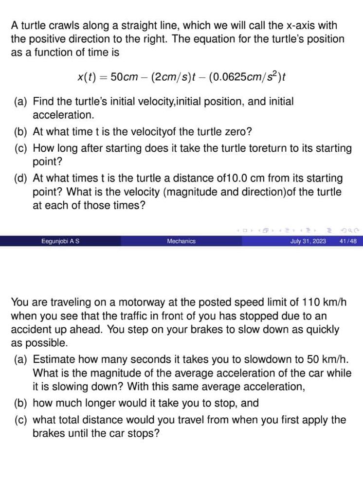 Solved A turtle crawls along a straight line, which we will | Chegg.com