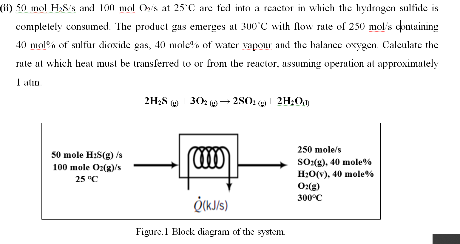 Solved (ii) 50 mol H2S/s and 100 mol O2s at 25°C are fed | Chegg.com