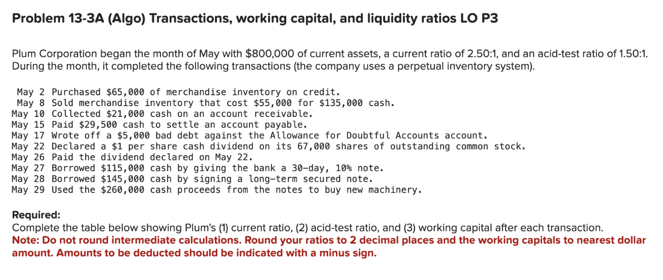 Solved Problem 13-3A (Algo) Transactions, working capital, | Chegg.com