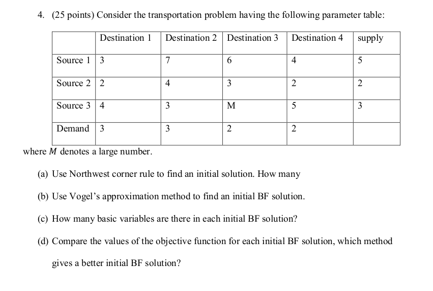 Solved 4. (25 points) Consider the transportation problem | Chegg.com