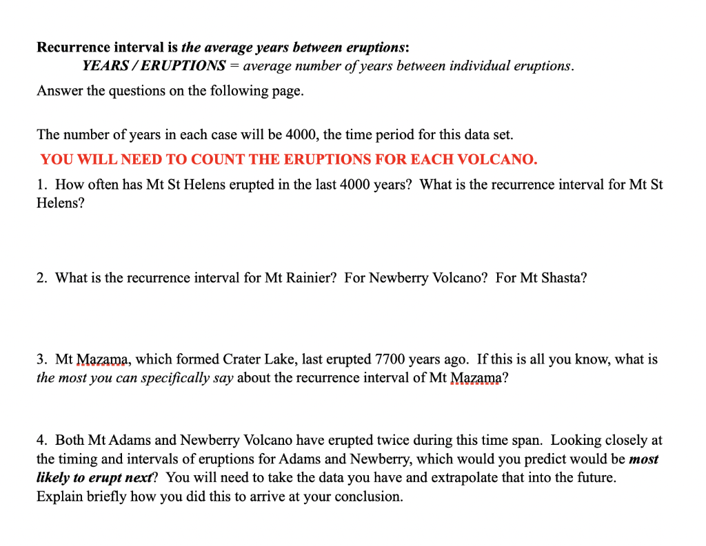 Solved Part 2: Volcanic Eruption Recurrence Intervals The | Chegg.com