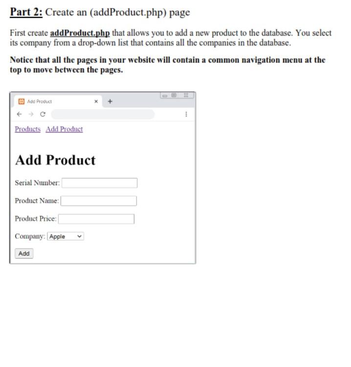 Solved Part 2: Create an (addProduct.php) page First create | Chegg.com