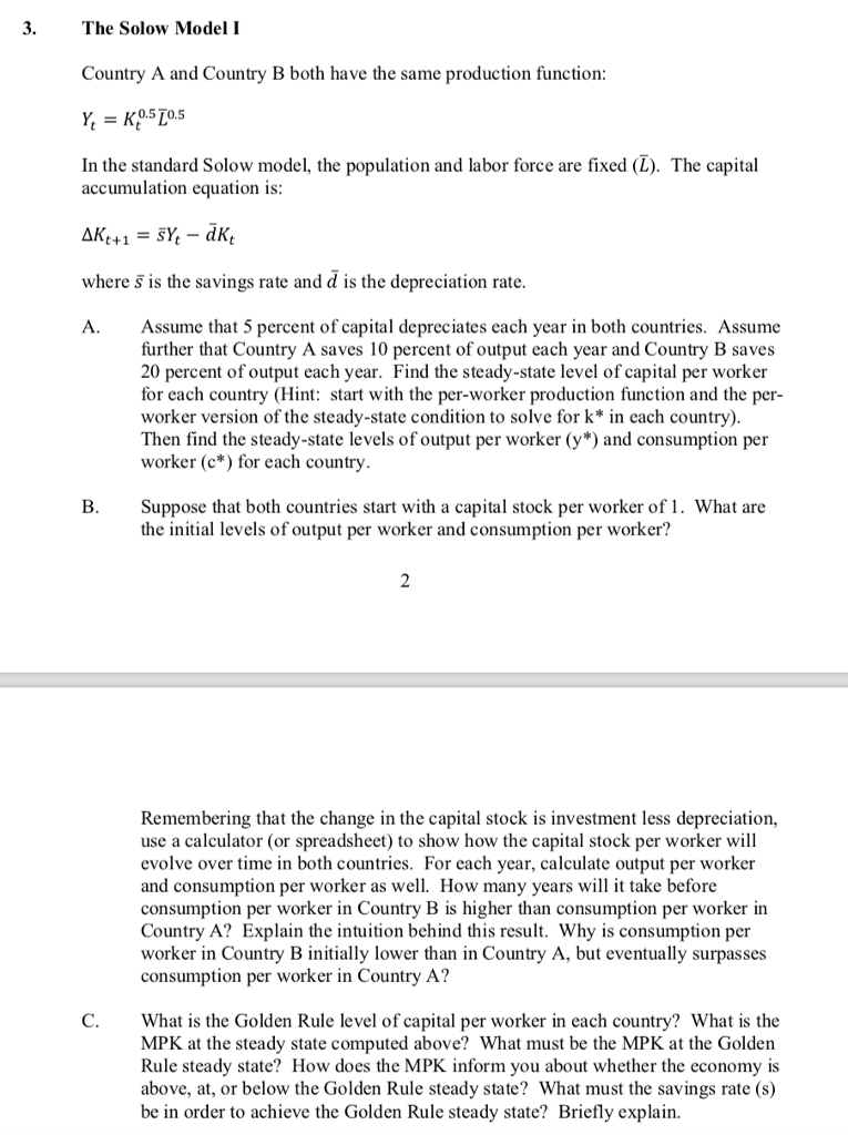 Solved 3.The Solow Model I Country A and Country B both have | Chegg.com
