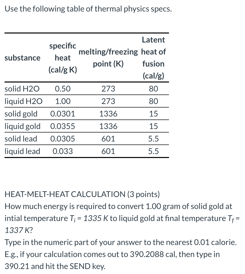 Solved Use the following table of thermal physics specs. | Chegg.com