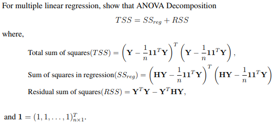 Solved For multiple linear regression, show that ANOVA | Chegg.com
