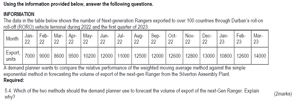 Solved Question 5.4Using the information provided below, | Chegg.com