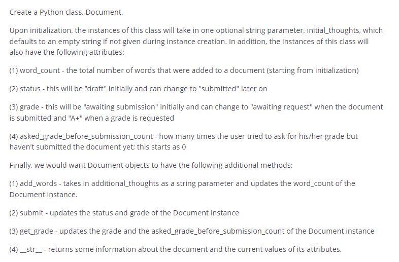 Solved Create a Python class, Document. Upon initialization, | Chegg.com