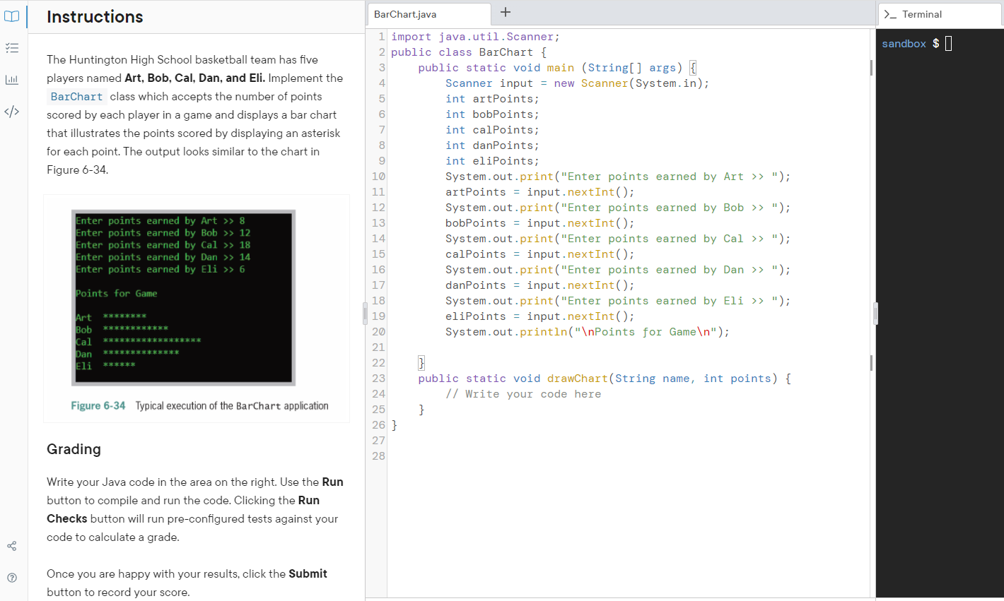 Solved Instructions BarChart.java + >_ Terminal sandbox $ | | Chegg.com