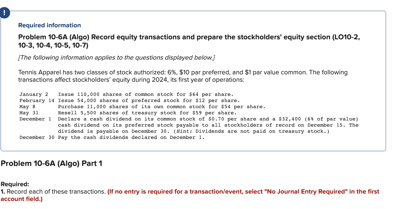Solved Required information Problem 10-6A (Algo) Record | Chegg.com