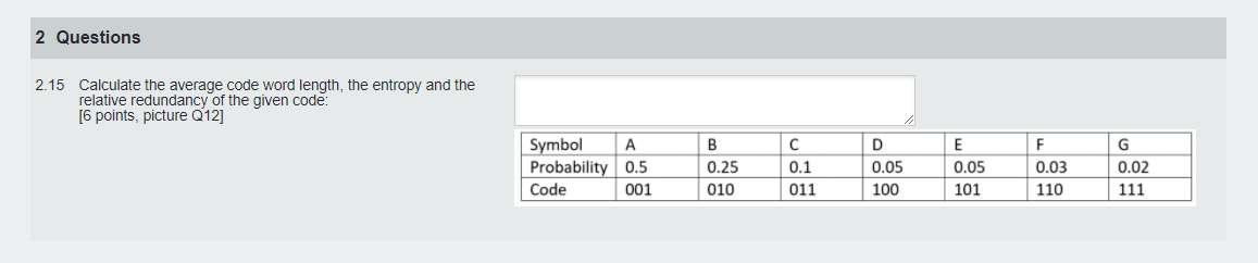 Solved 2 Questions 2.15 Calculate the average code word | Chegg.com