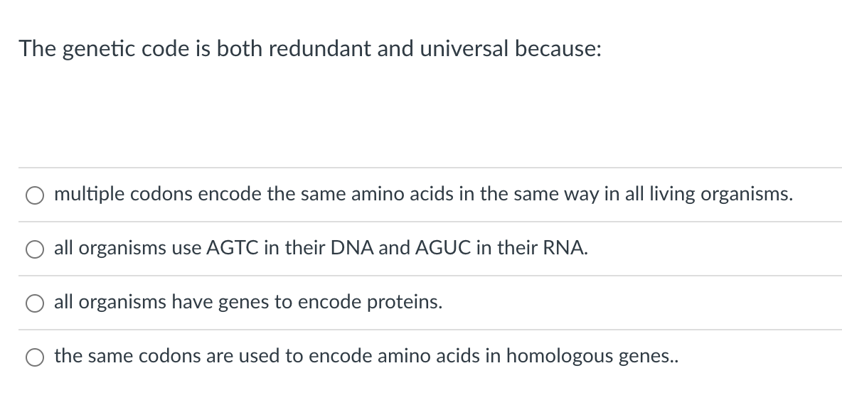 Solved The genetic code is both redundant and universal | Chegg.com