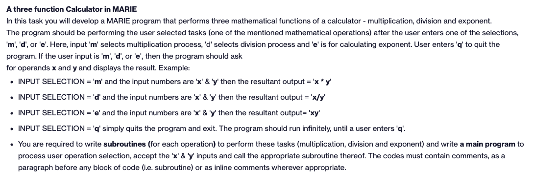 Solved A three function Calculator in MARIE In this task you | Chegg.com
