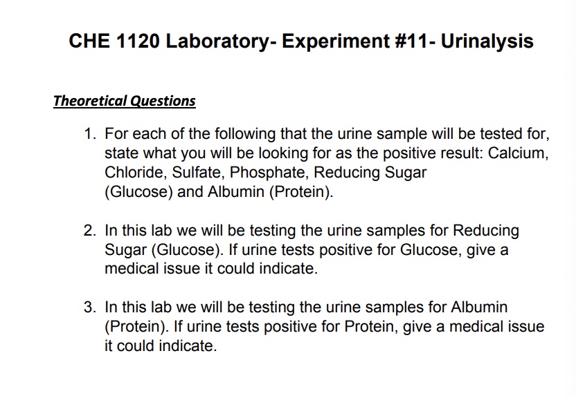 Solved CHE 1120 Laboratory- Experiment \#11- Urinalysis | Chegg.com