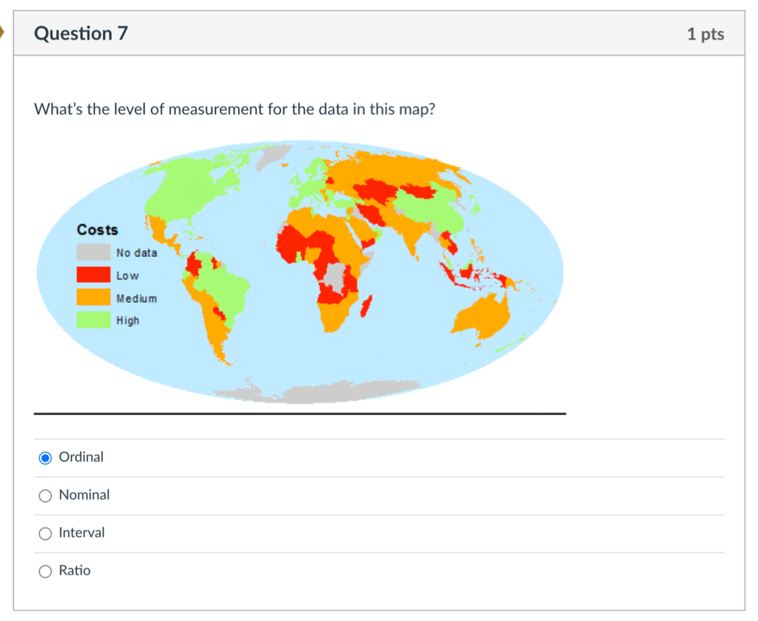 Solved Question 7 1 pts What's the level of measurement for | Chegg.com